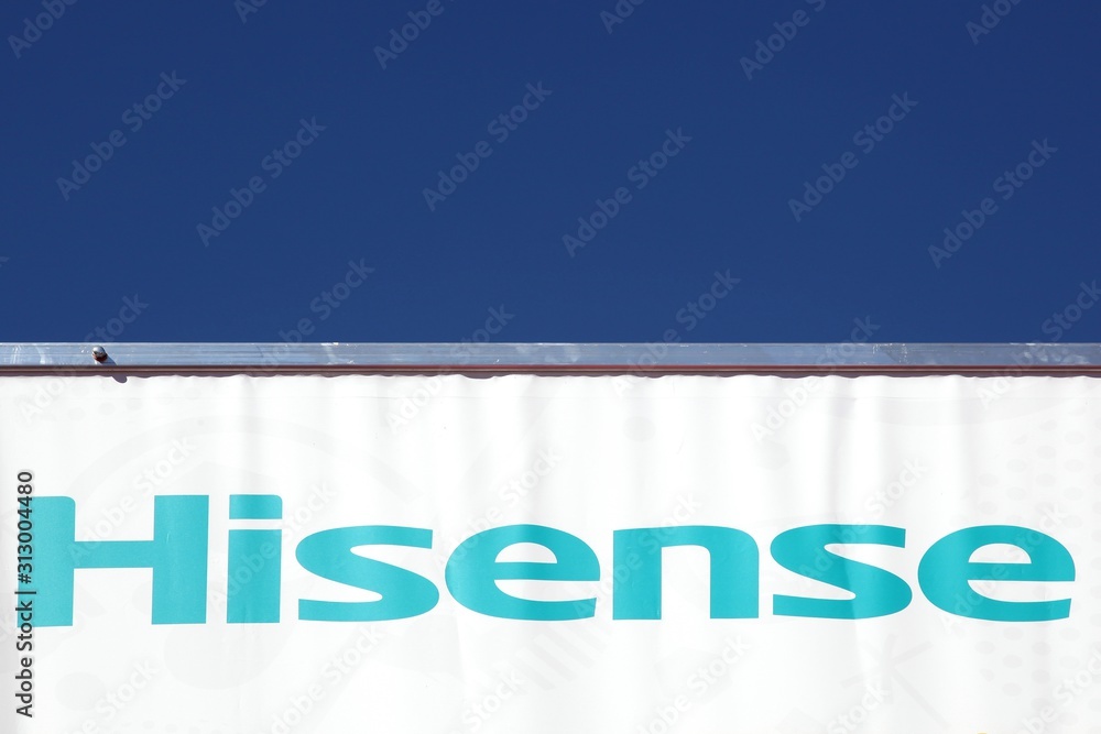 Foto de Lyon, France - July 3, 2016: Hisense logo on a wall. Hisense is ...