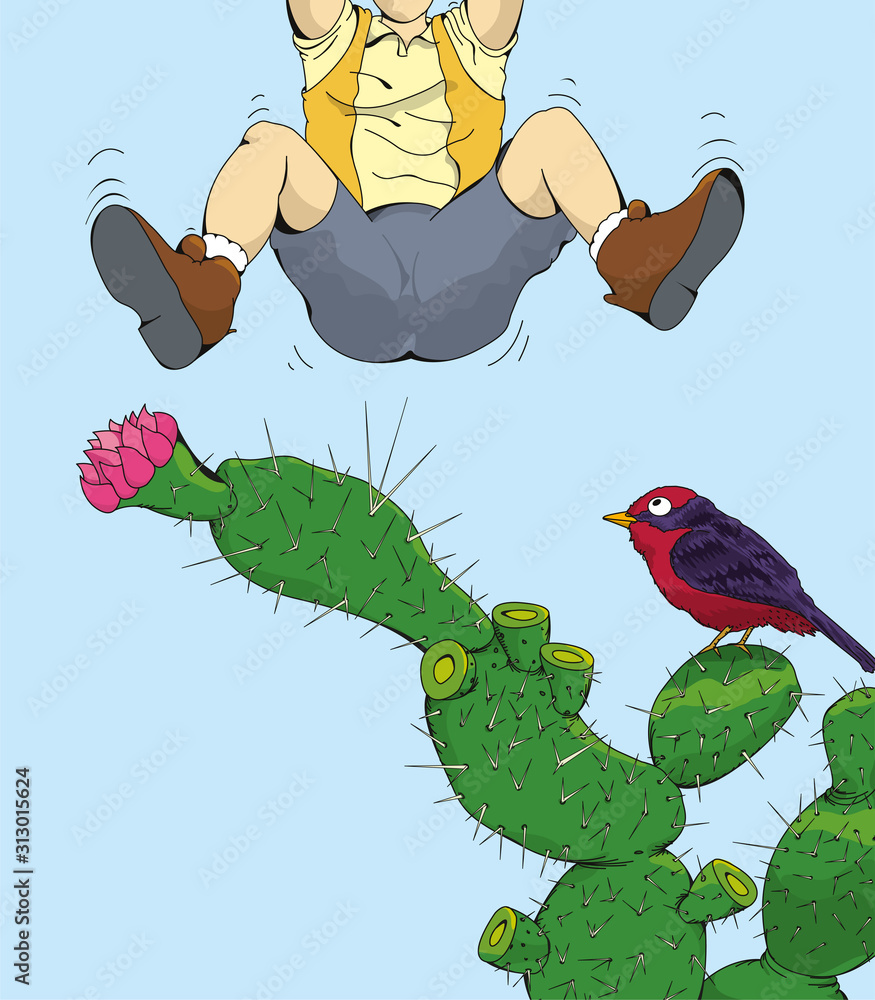 Drawing of the bottom of a man jumping on a cactus after being pricked ...