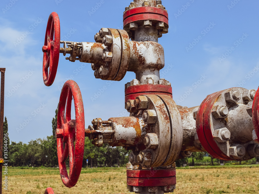 Oil well wellhead equipment. Hand valve with handwheel for opening and ...