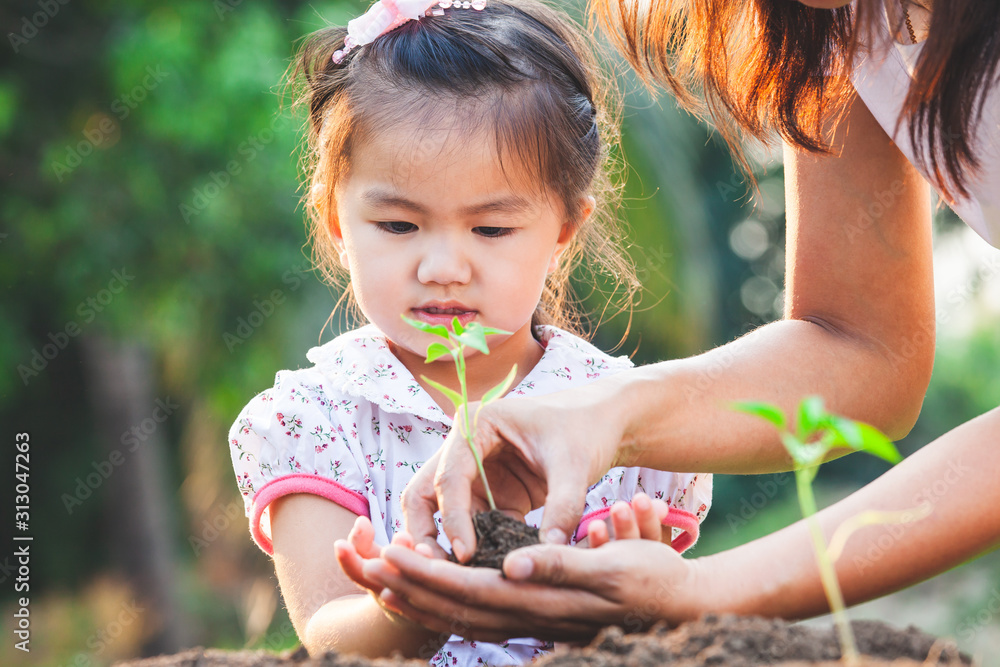 Cute asian little child girl and parent planting young seedlings in the ...