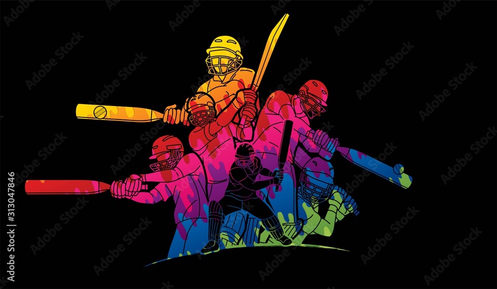 Group of Cricket players action cartoon sport graphic vector. Stock ...