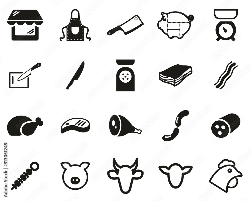 Butcher Or Butcher Shop Icons Black & White Set Big Stock Vector ...