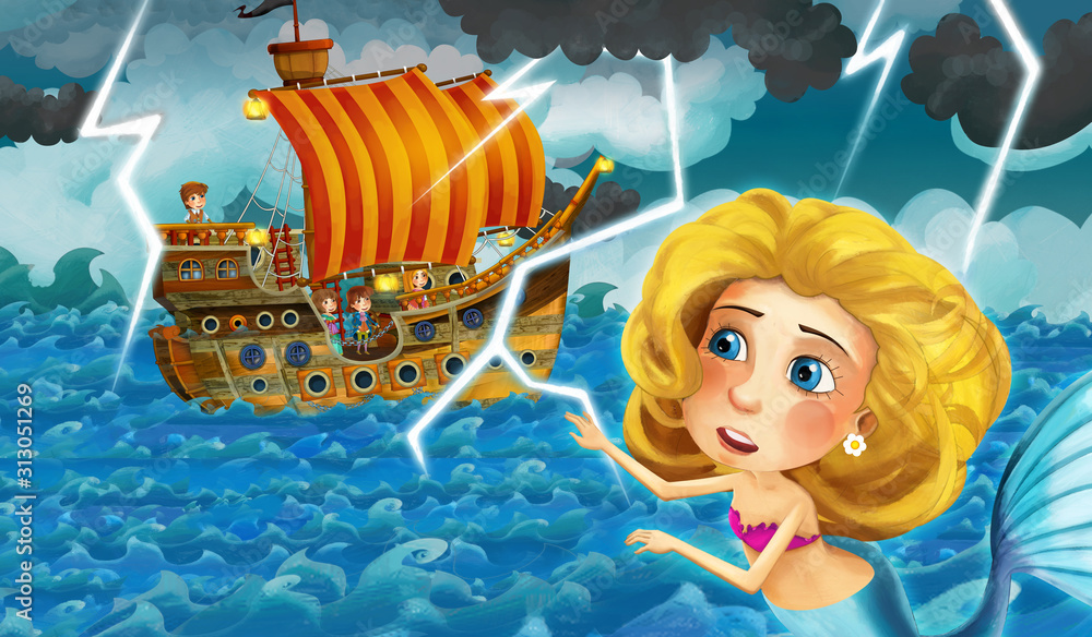Cartoon scene with old ship sailing during storm with mermaid watching ...