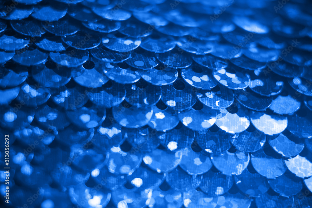 Shiny classic blue color of 2020 sequin dress detail texture Stock ...