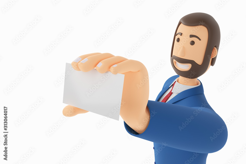 A drawn cartoon businessman is holding a business card, blank form or ...