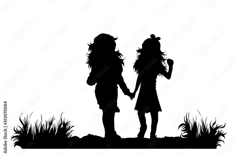 Vector silhouette of siblings walking on the path on white background ...