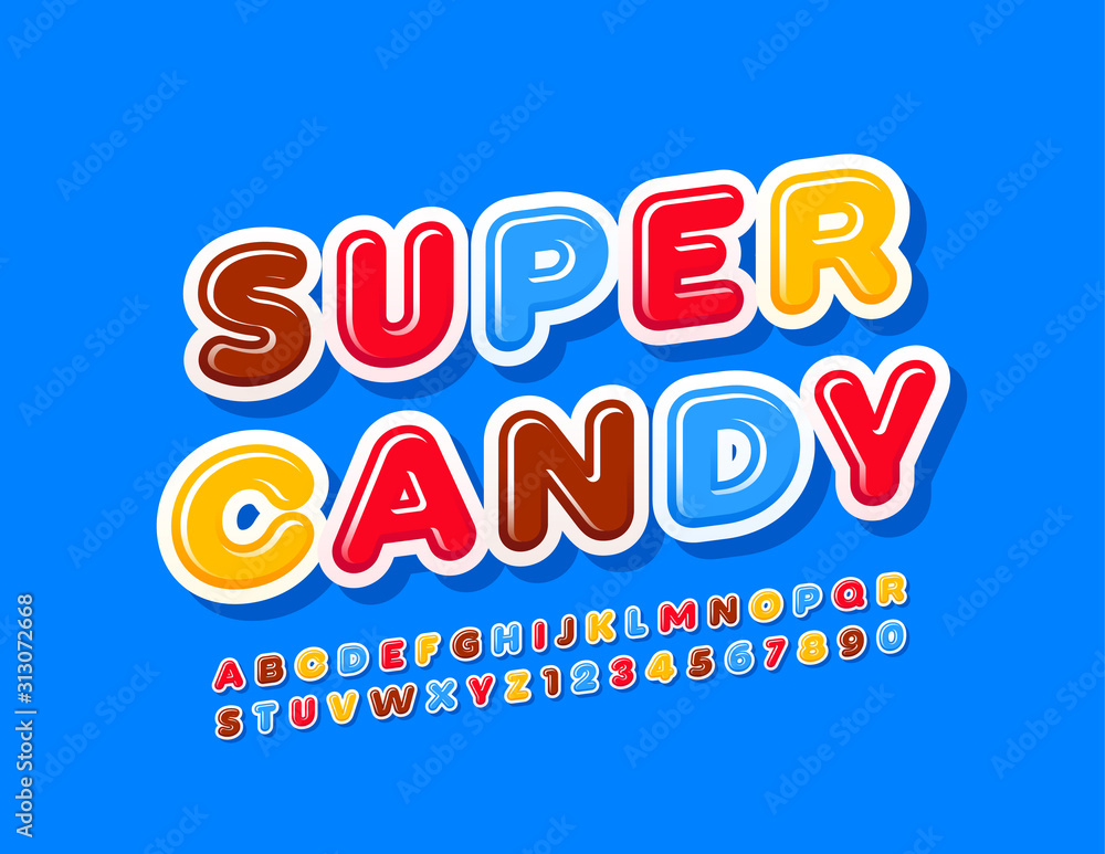 Vector colorful logo Super Candy. Bright modern Font for Kids. Creative ...