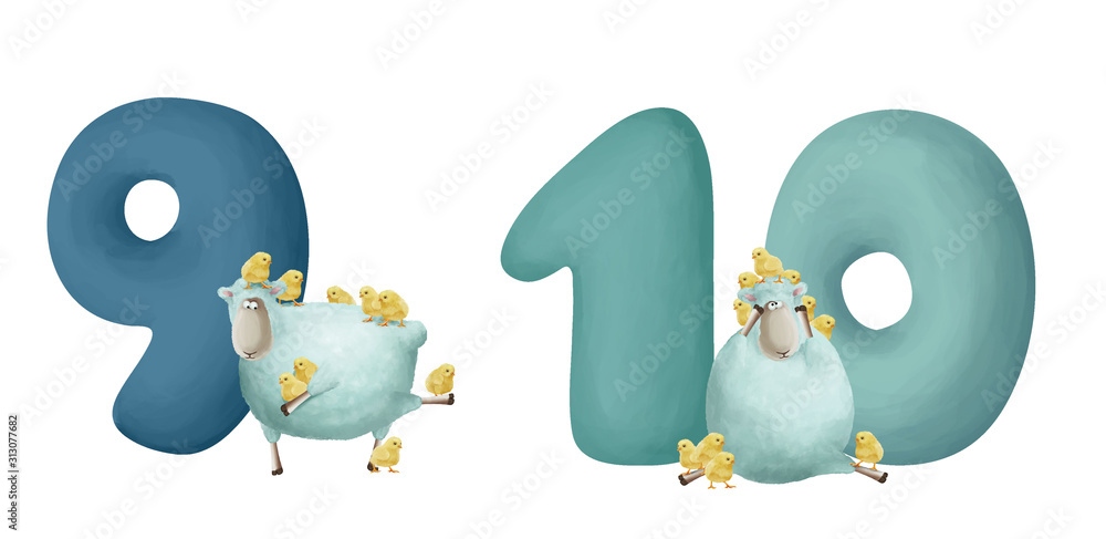 Learn count from 1 to 10 for kids. Cute little sheep with tiny chickens ...