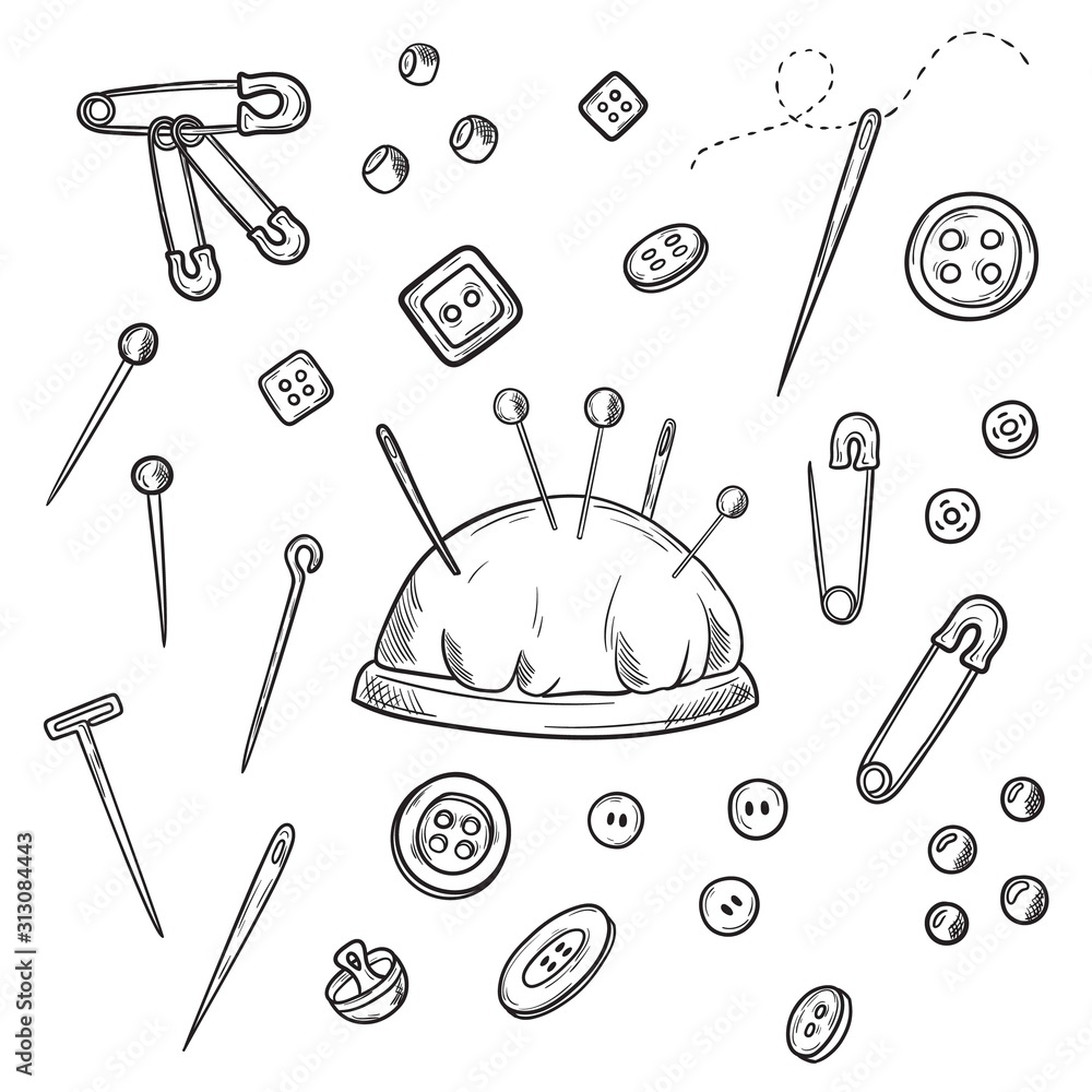 Hand drawn illustration in vintage engraved style of different sewing ...