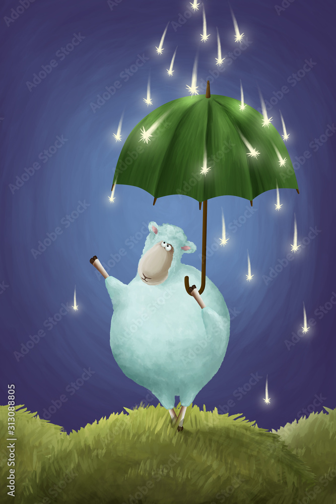 Cute cartoon sheep with green umbrella under starfall. Have a good ...