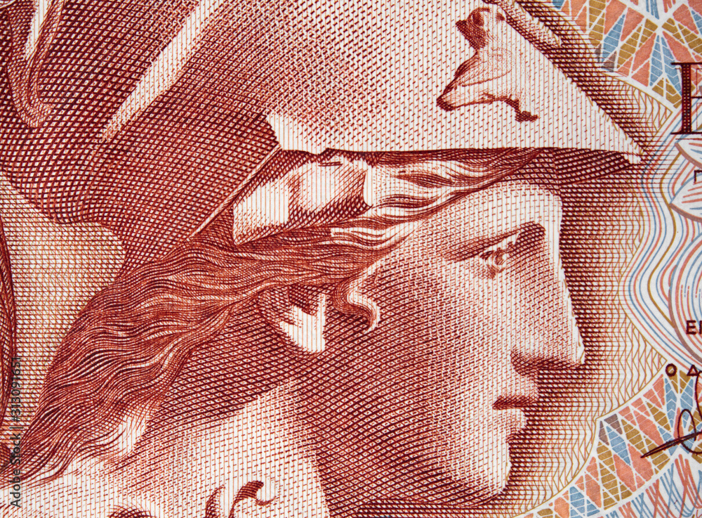 Goddess Athena on old Greece 100 drachma (1978) banknote close up macro ...