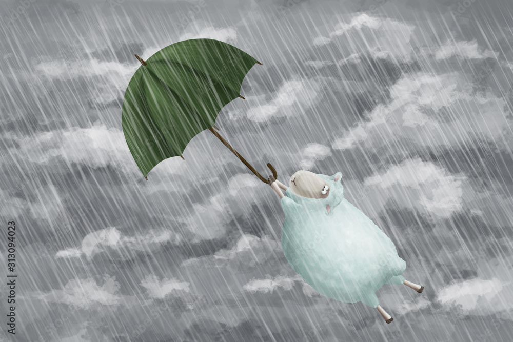 Cartoon sheep flying with green umbrella in strong rain. Illustration ...