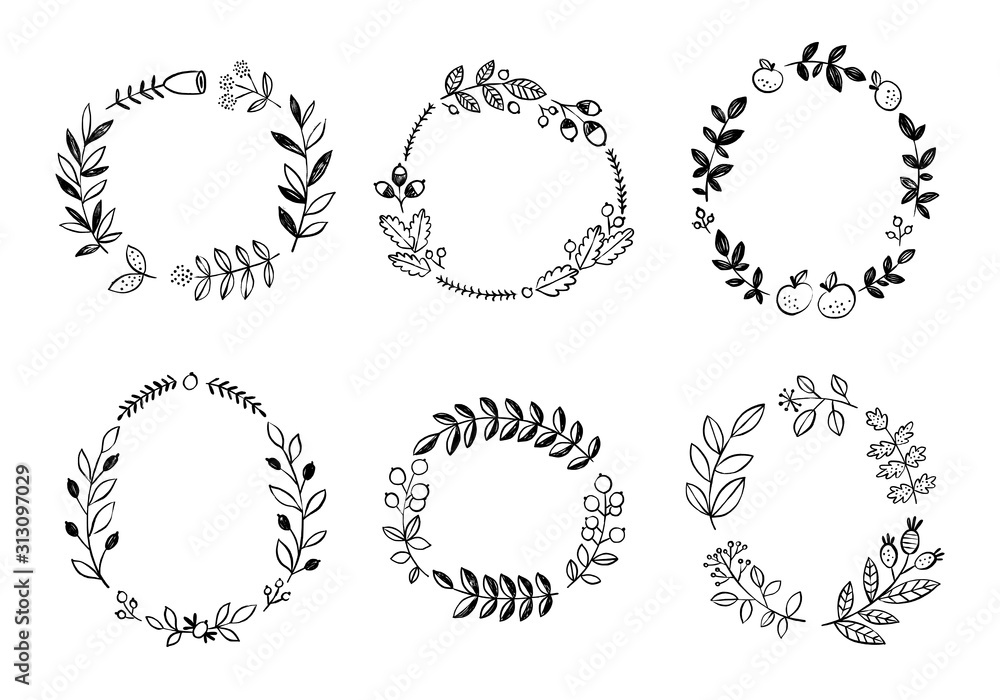 Hand drawn ink wreath collection. Vector floral wreaths on white ...