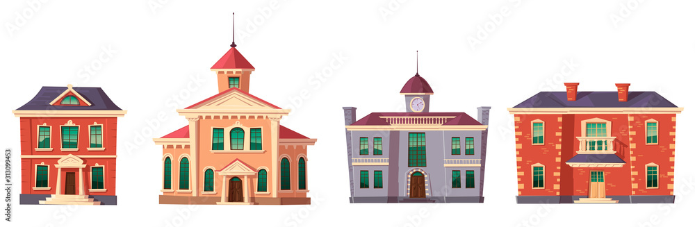 Urban retro colonial style building cartoon vector set illustration ...