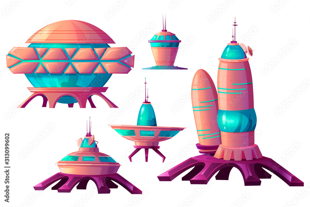 Space colonization cartoon vector set illustrations. Spaceships and ...