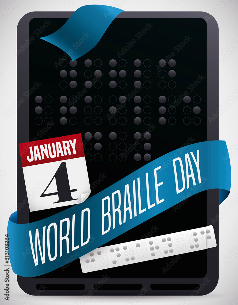 Braille e-Reader with Ribbon and Calendar for World Braille Day, Vector ...