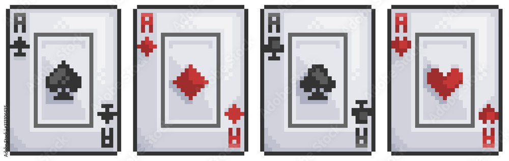 Pixel art playing card, spades, hearts, gold, sticks 8bit game icon ...
