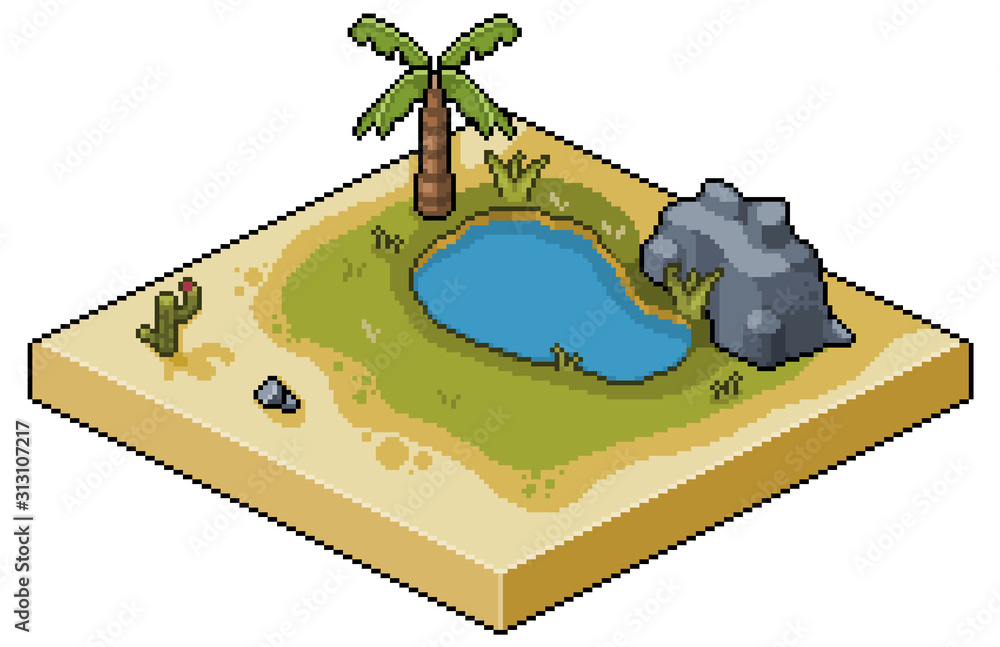 Pixel art isometric oasis desert with lake, grass, palm tree, cactus ...