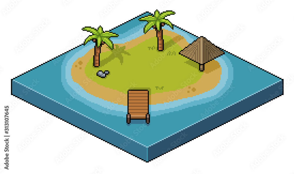Pixel Art tropical island, coconut tree, kiosk, landscape isometric ...