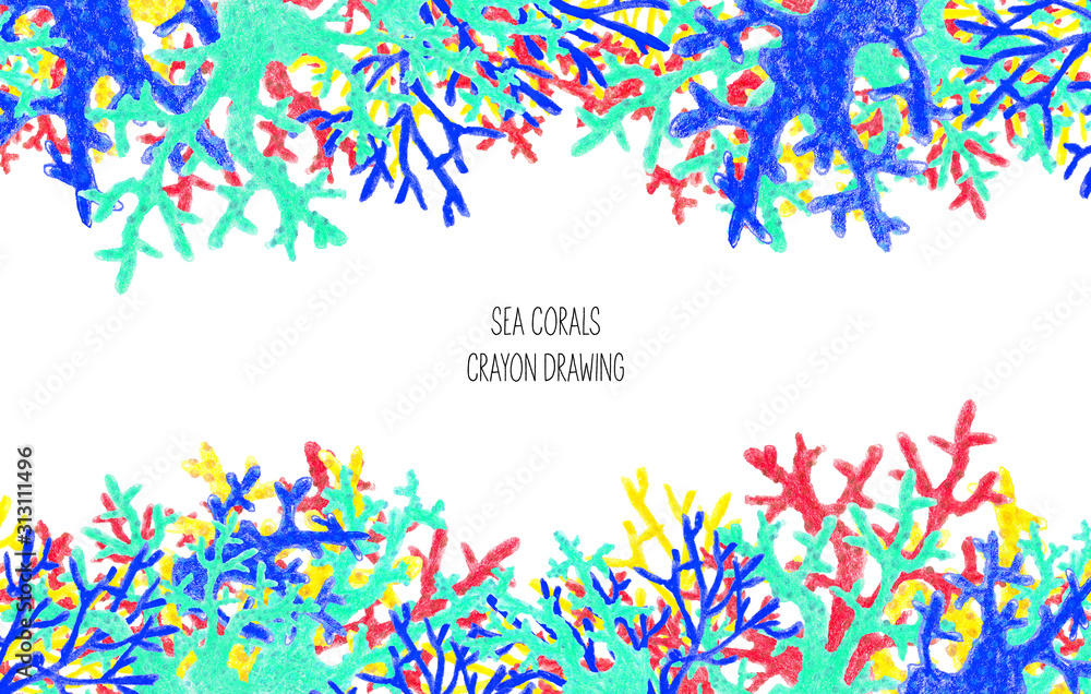 Hand drawn pencil frame of colorful corals. Scandinavian sea, ocean ...