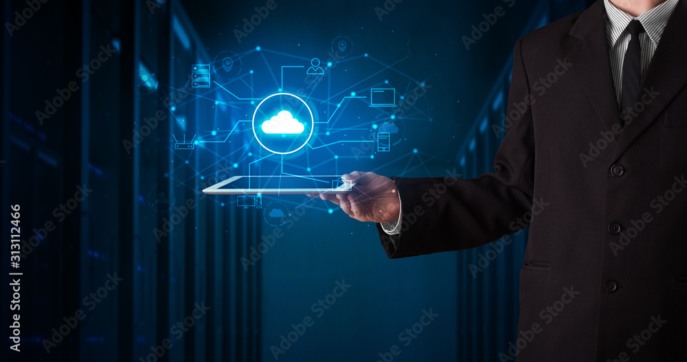 Formal hand in server room with virtual workspace concept Stock Photo ...