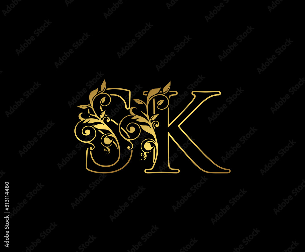 Golden S, K and SK Letter Classy Floral Logo Icon, Elegant Design ...