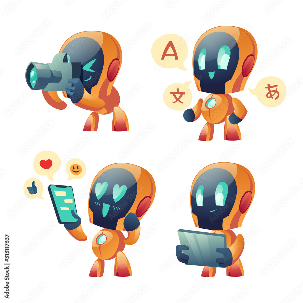 Cute chat bot cartoon vector set illustration. Yellow funny smart ...