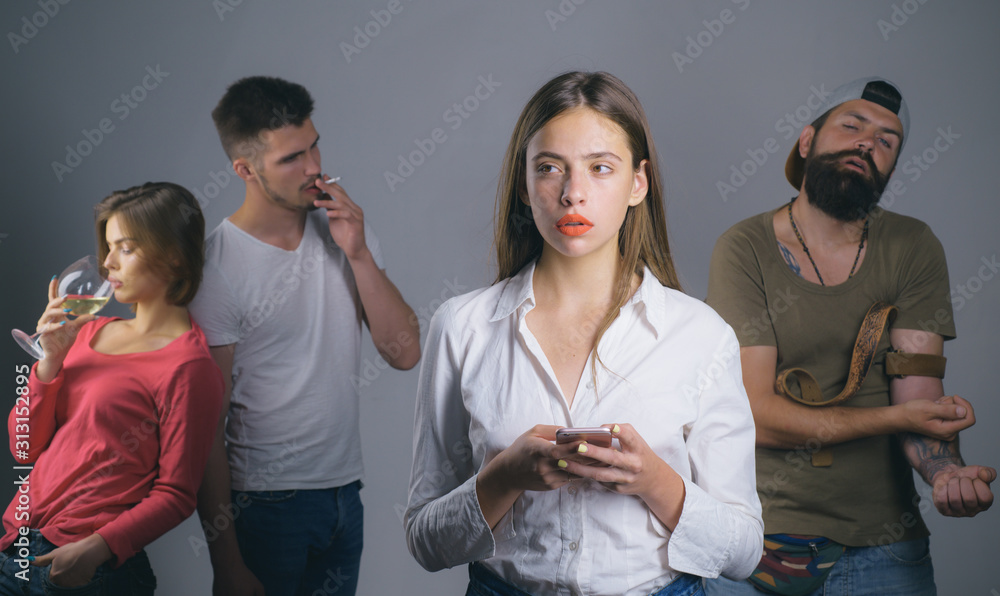 Make a right choice. Beautiful girl thinking about different addictions ...