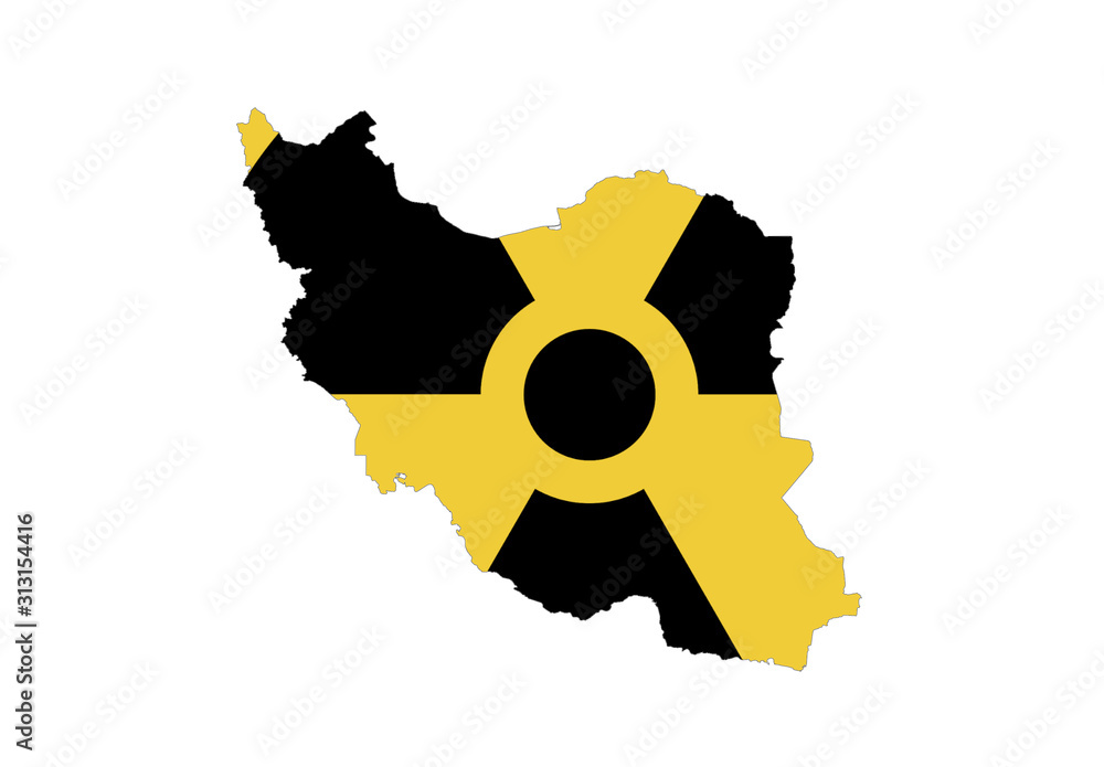 Isolated icon map of iran filled with nulcear radiation symbol. Yellow ...