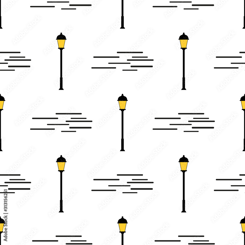 Seamless pattern with street light black silhouettes isolated on white ...