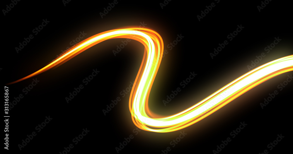 Light wave curve trail path, yellow bright neon glowing flash trace ...