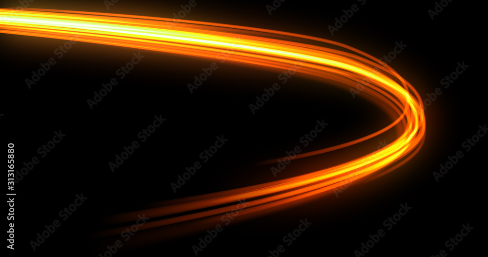 Light wave trail path, orange yellow neon glowing flash curve with spin ...