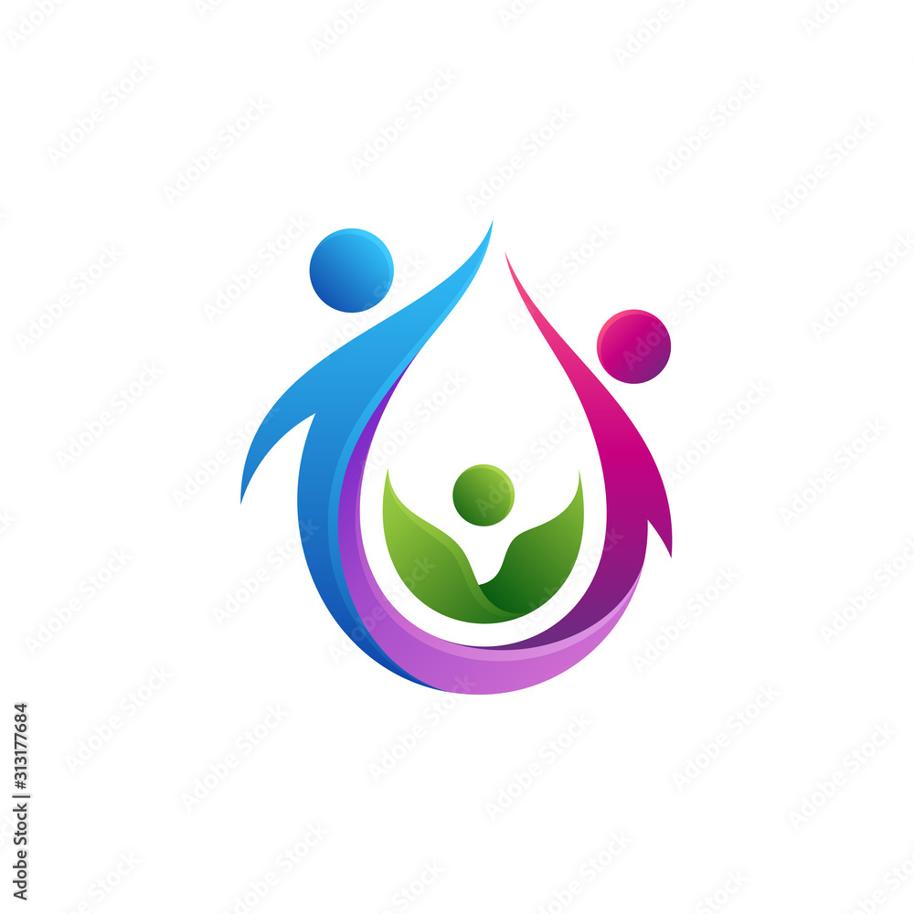 Water drop logo with happy family icon for human healthy life. People ...