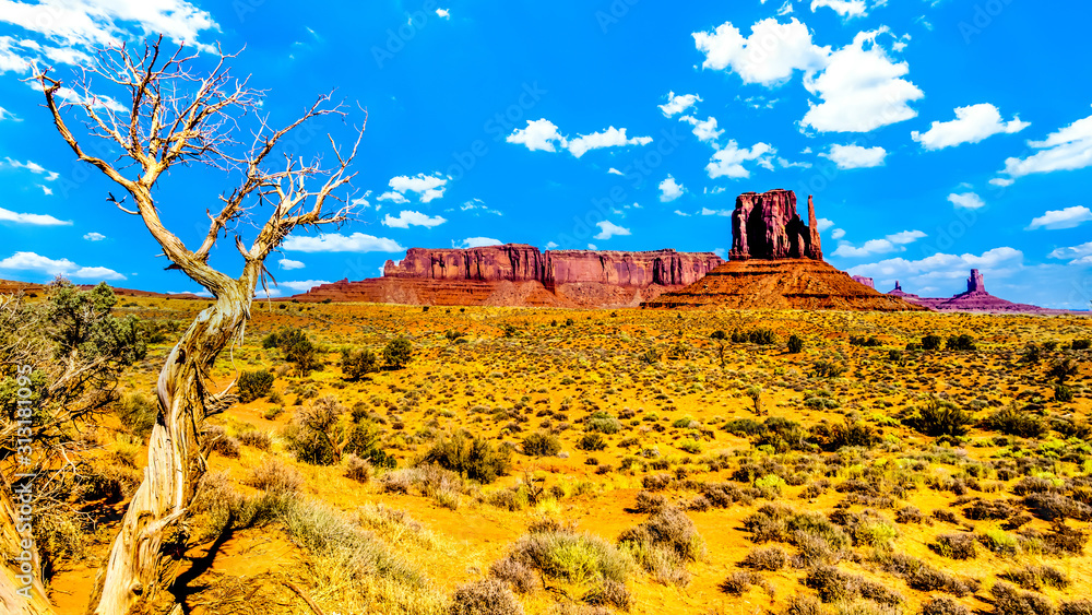 The towering red sandstone formation of Sentinel Mesa and West Mitten ...