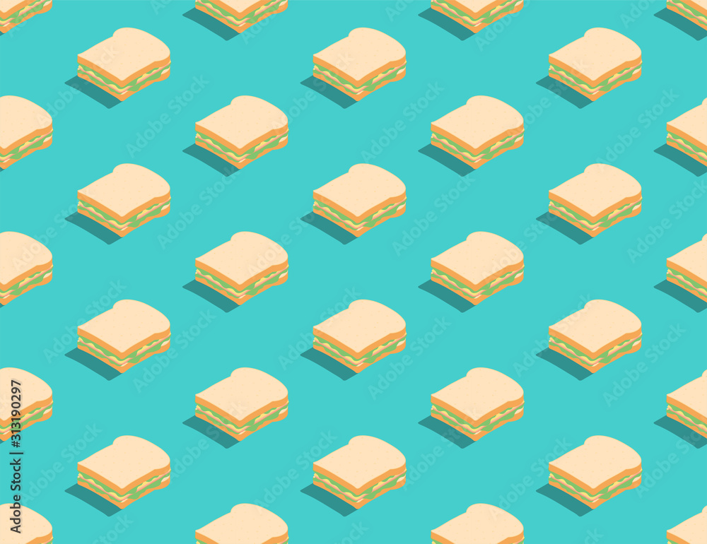 Sandwich 3D isometric seamless pattern, Breakfast bakery concept poster ...