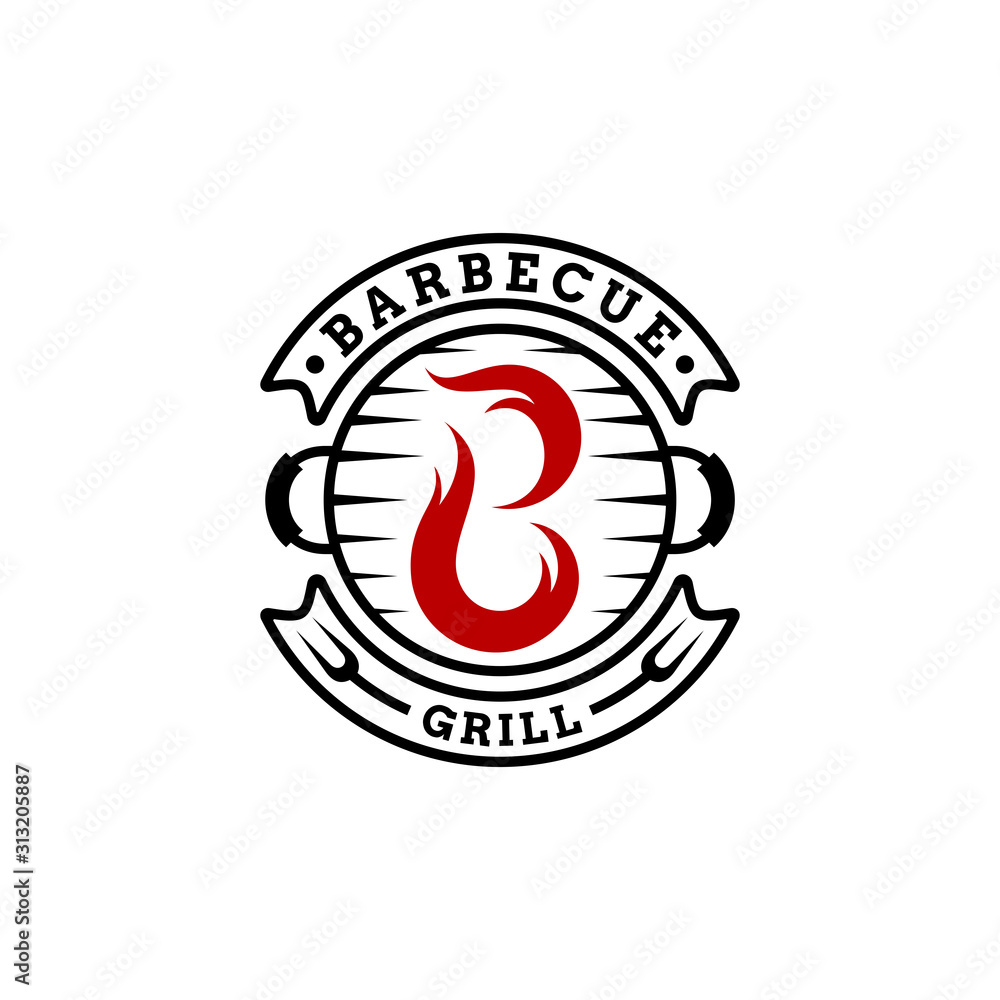 Vintage grilled barbecue logo. Retro BBQ vector. Fire letter B grill ...