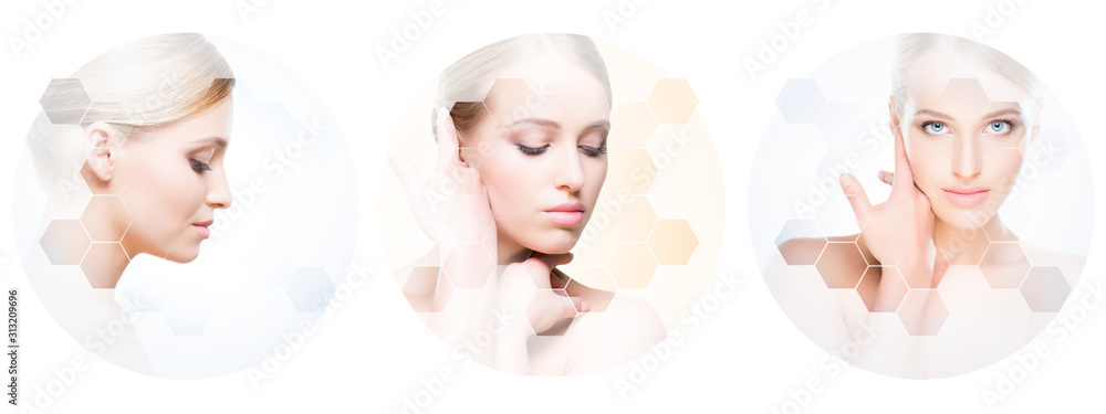 Collage of female portraits. Healthy faces of young women. Spa, face ...