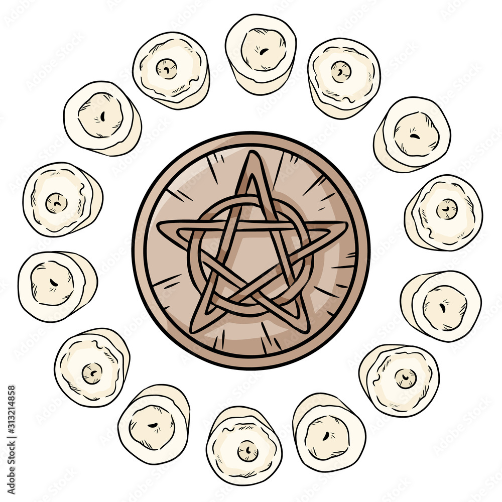 Pentacle occult sign in a circle of white candles. Wooden pentagram ...
