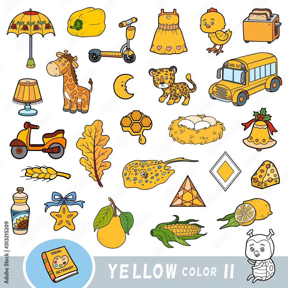 Colorful set of yellow color objects. Visual dictionary for children ...