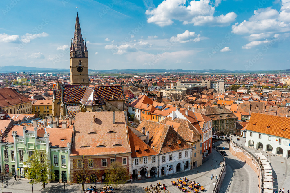 Piata Mica . The main sqaure in the old town of Sibiu during spring ...