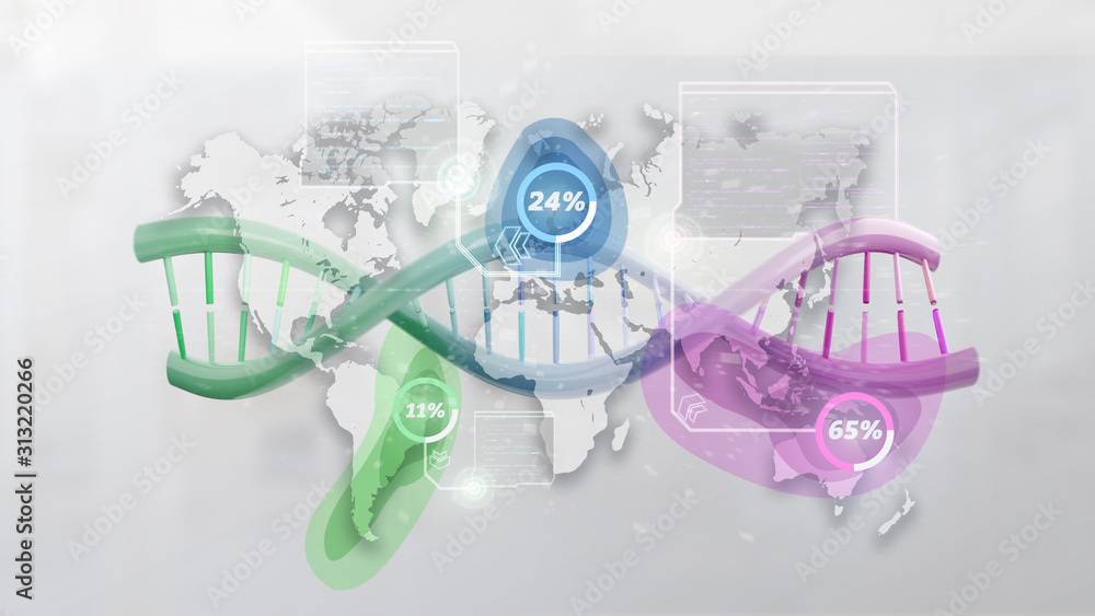 DNA over a world map with geographic localization - genealogy concept ...