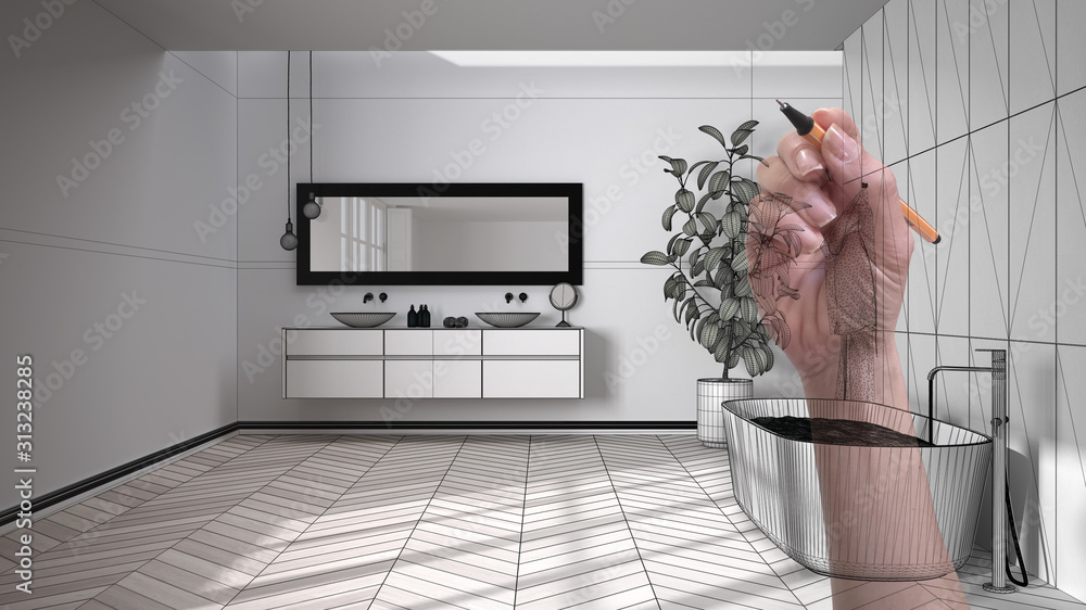 Hand drawing custom modern bathroom with freestanding bathtub and walk ...