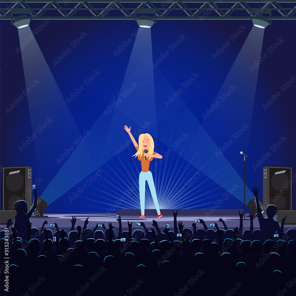 Girl singing with microphone on blue stage with light effect. Woman ...