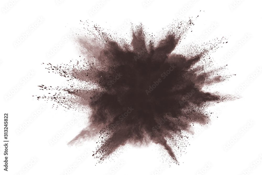 Brown color powder explosion isolated on white background. Colored ...