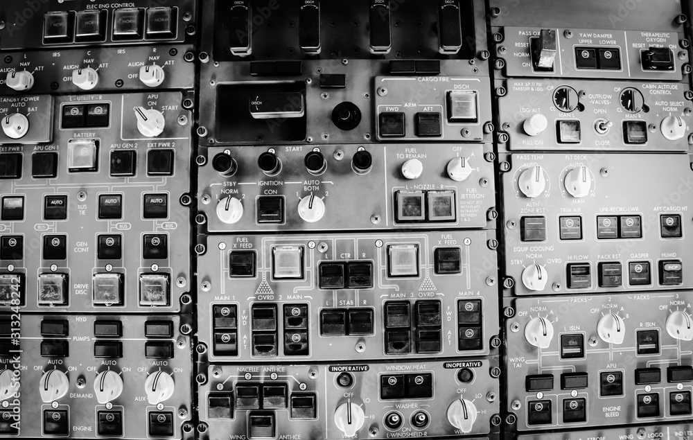 Overhead Panel in a Flight Deck of a Jumbo Jet in flight Stock Photo ...