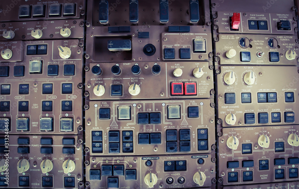 Overhead Panel in a Flight Deck of a Jumbo Jet in flight Stock Photo ...