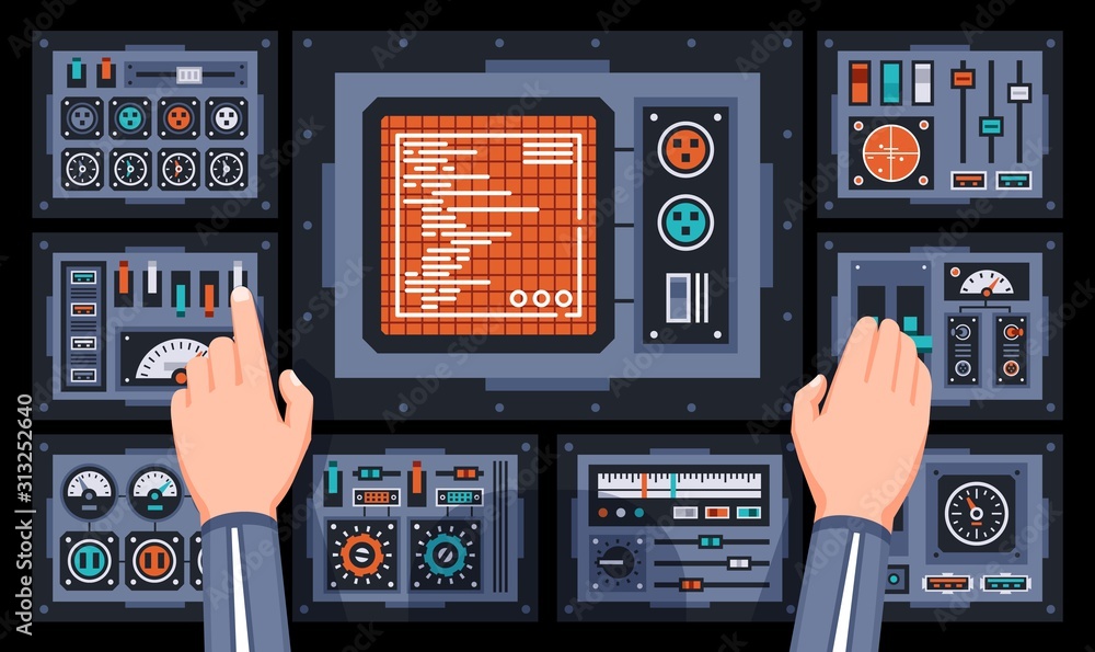 Control panel with many elements, buttons and large screen. Operator's ...