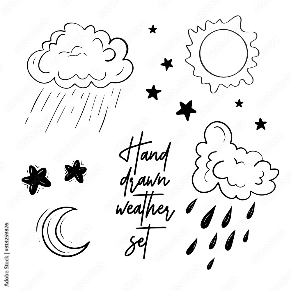 Hand drawn weather set. Day and night. The sun is shining, a cloud ...