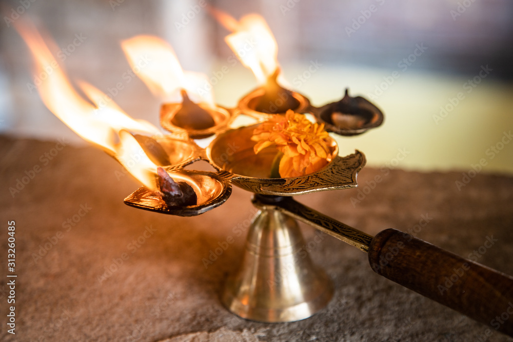 traditional Indian oil lamp objects for worship the Deities in the ...