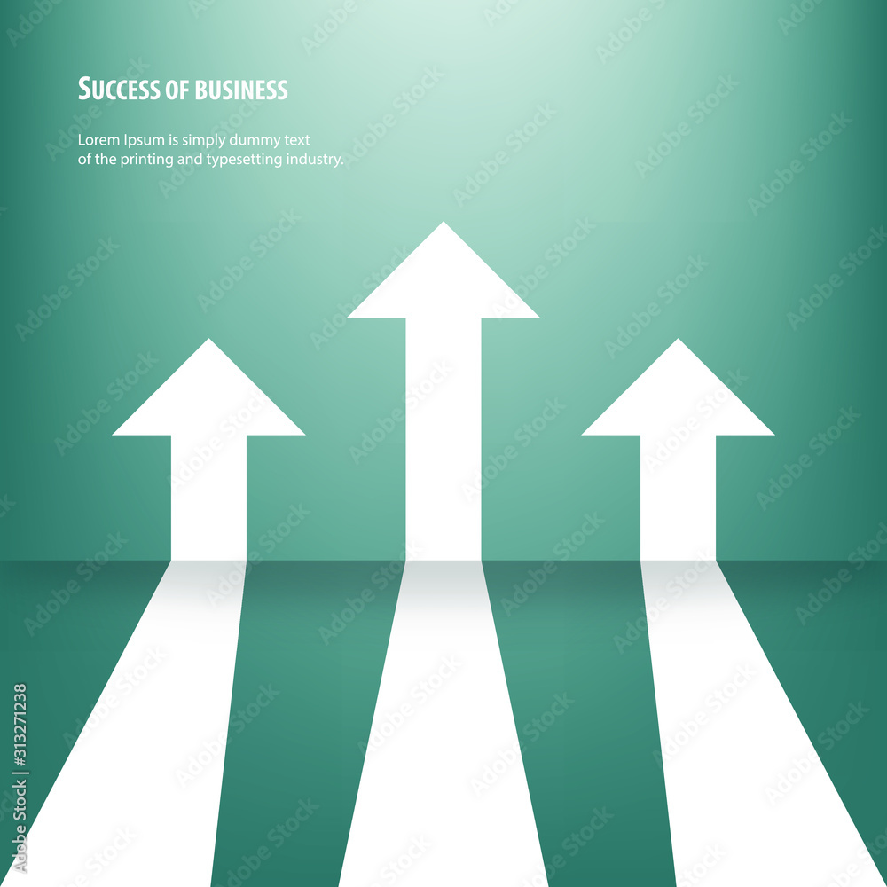 Concept of business target direction to success. Three white arrows are ...